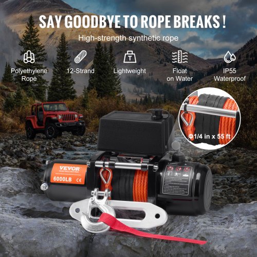 VEVOR Electric Winch for Truck 6000 lb Synthetic Rope Waterproof Remote ...