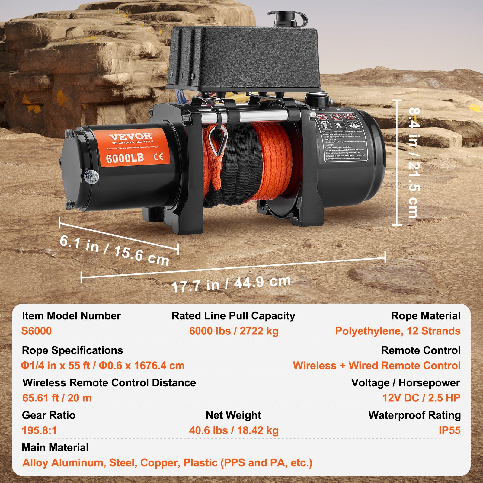 VEVOR 6000 lb Winch Synthetic Rope – 12V DC, Φ1/4 in x 55 ft