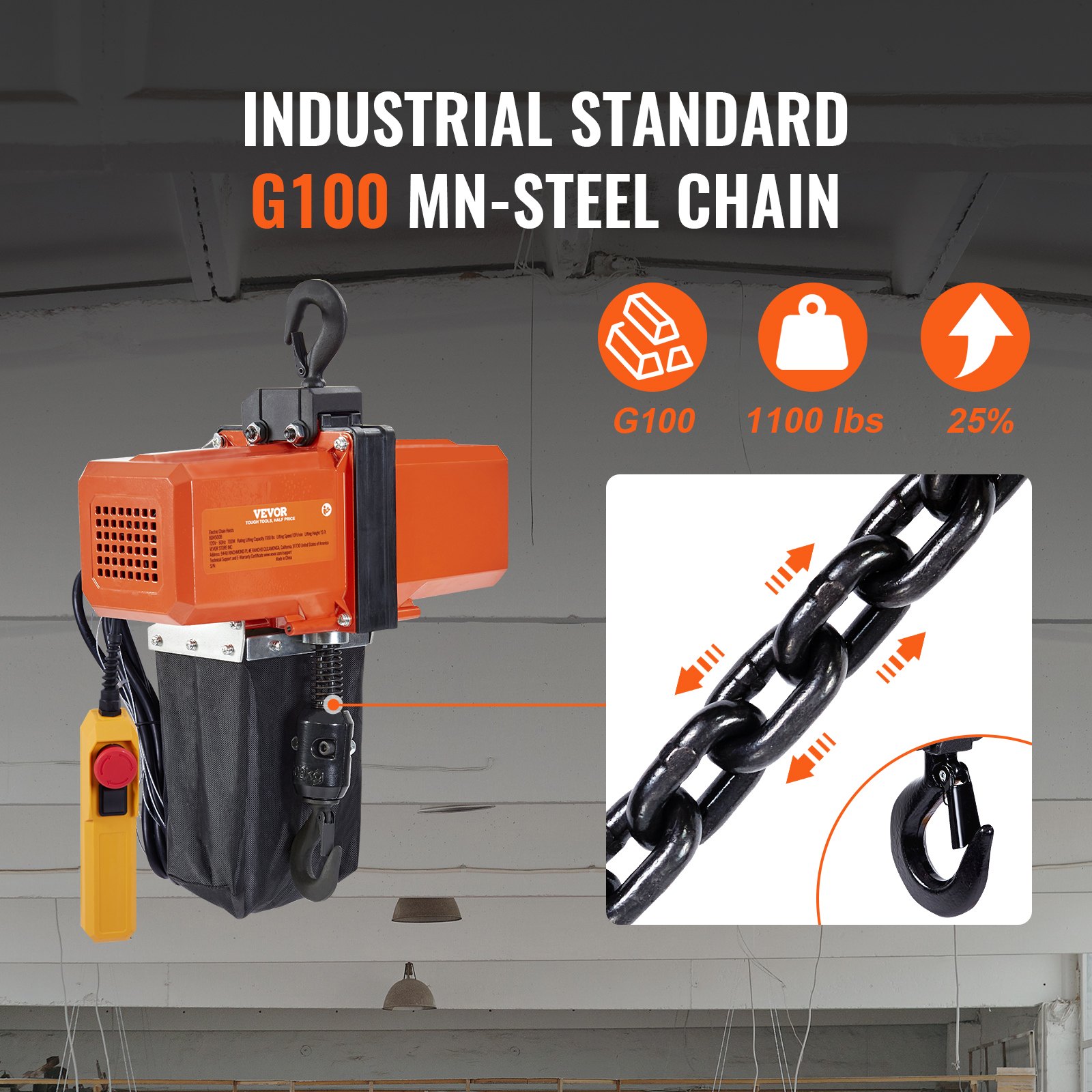 VEVOR Electric Chain Hoist, 1100 lbs Load Capacity, 15 ft Lifting ...