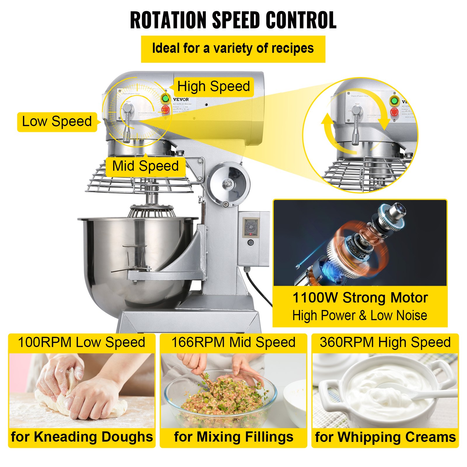 VEVOR Commercial Food Mixer 20Qt 750W 3 Speeds Adjustable 105 180 and ...