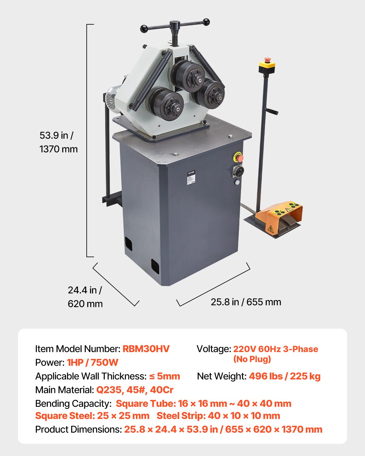VEVOR 3 Roll Tube Bender – 750W Electric, 180° Machine, 180°