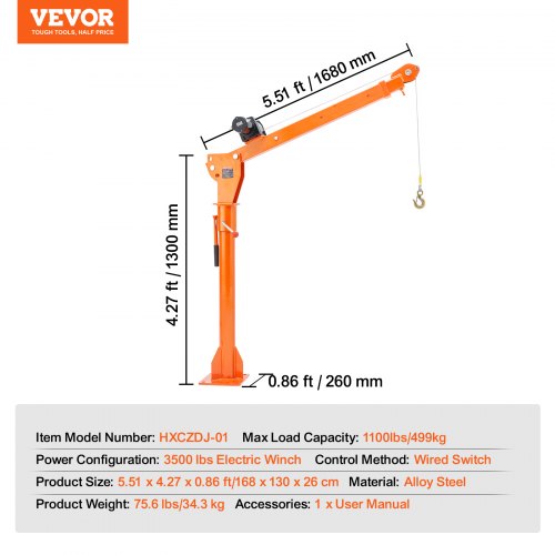 VEVOR Electric Pickup Truck Crane, 1100 lbs, Folding Truck-Mounted Bed Crane with Electric Winch ...