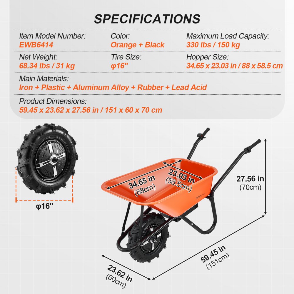 VEVOR Electric Wheelbarrow Cart, 500W Powered Utility Garden Wagon Dump ...