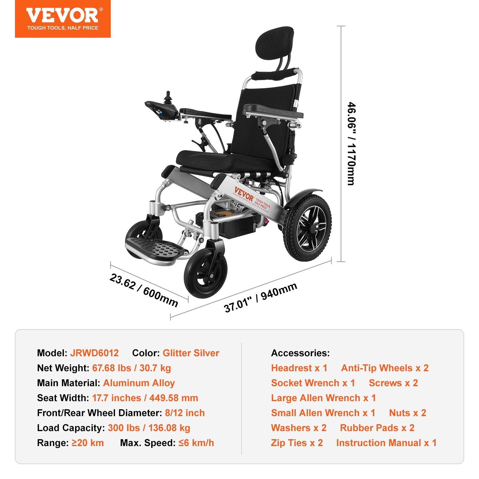 VEVOR Electric Wheelchair for Adults Seniors, 300 lbs Weight Capacity ...