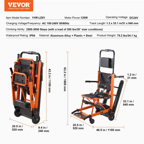 VEVOR Electric Stair Chair, 450 lbs Load Capacity, Foldable Emergency ...