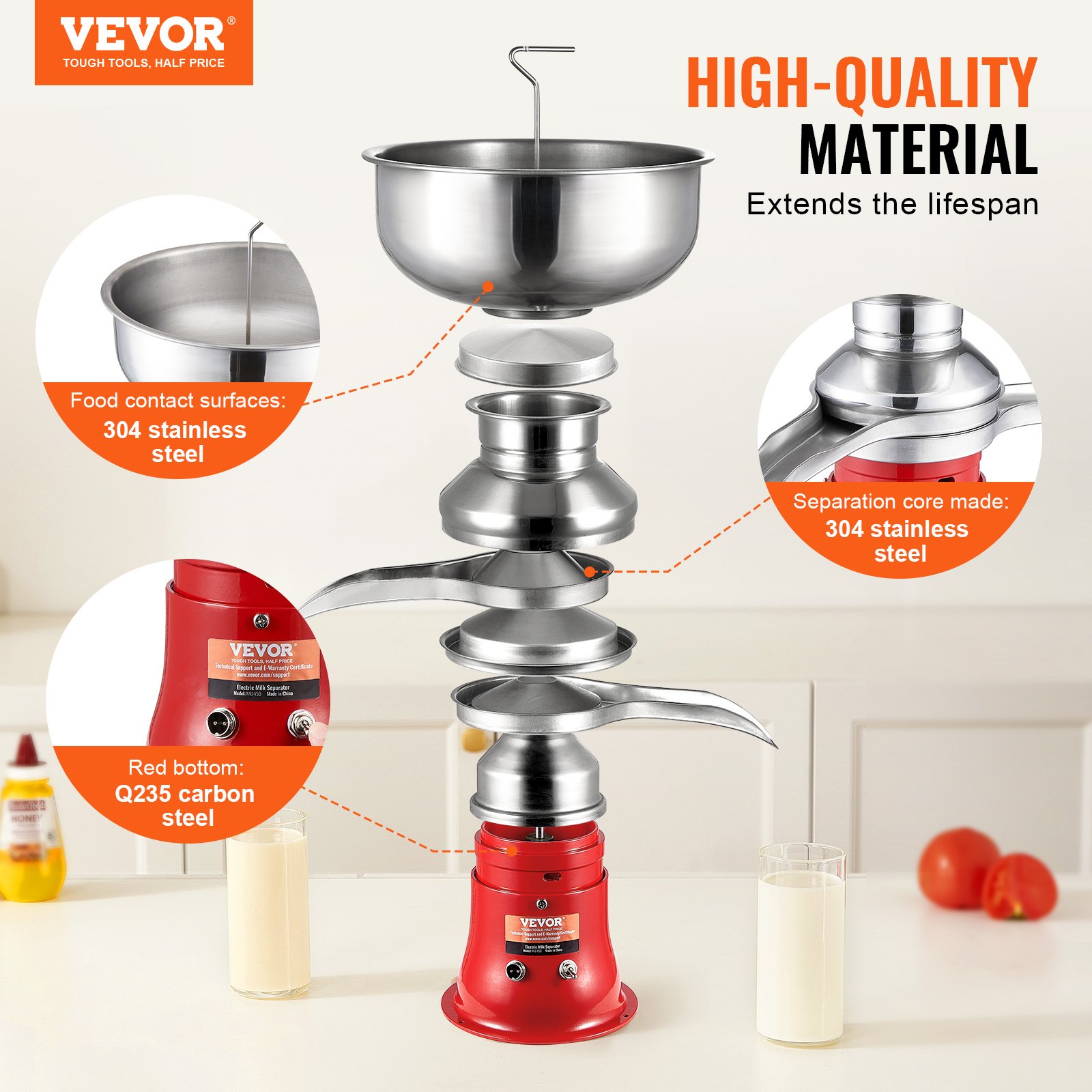 VEVOR Milk Cream Centrifugal Separator, 304 Stainless Steel Electric Cream Separators, 100L/H ...