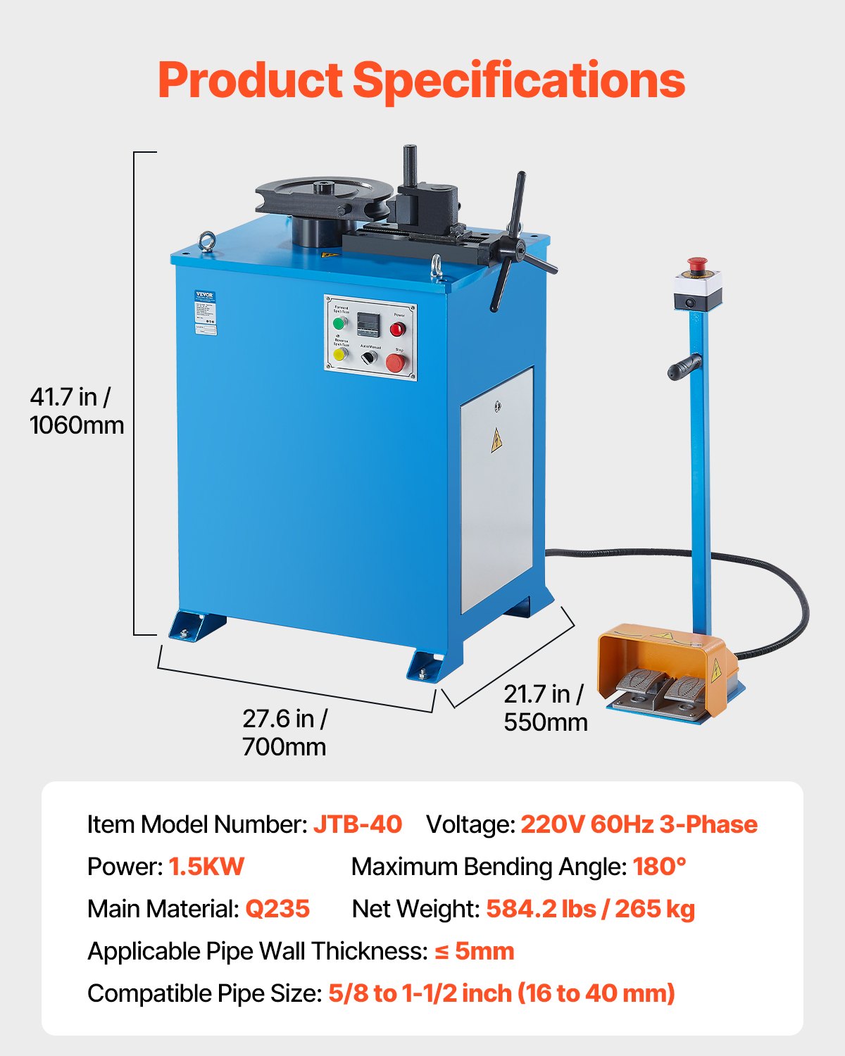 VEVOR Electric Tube Bending Machine – 1.5kW, 5/8-1.5", 584LB