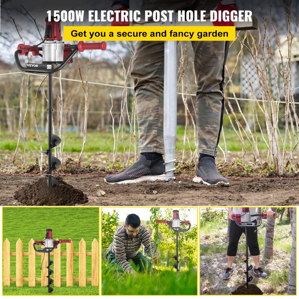 VEVOR Electric Post Hole Digger, 1500 W 1.6 HP Electric Auger Powerhead ...