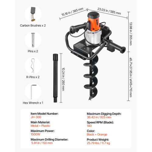 Electric Post Hole Digger 1500W Powerful Motor with 5.71 in Auger Bit ...