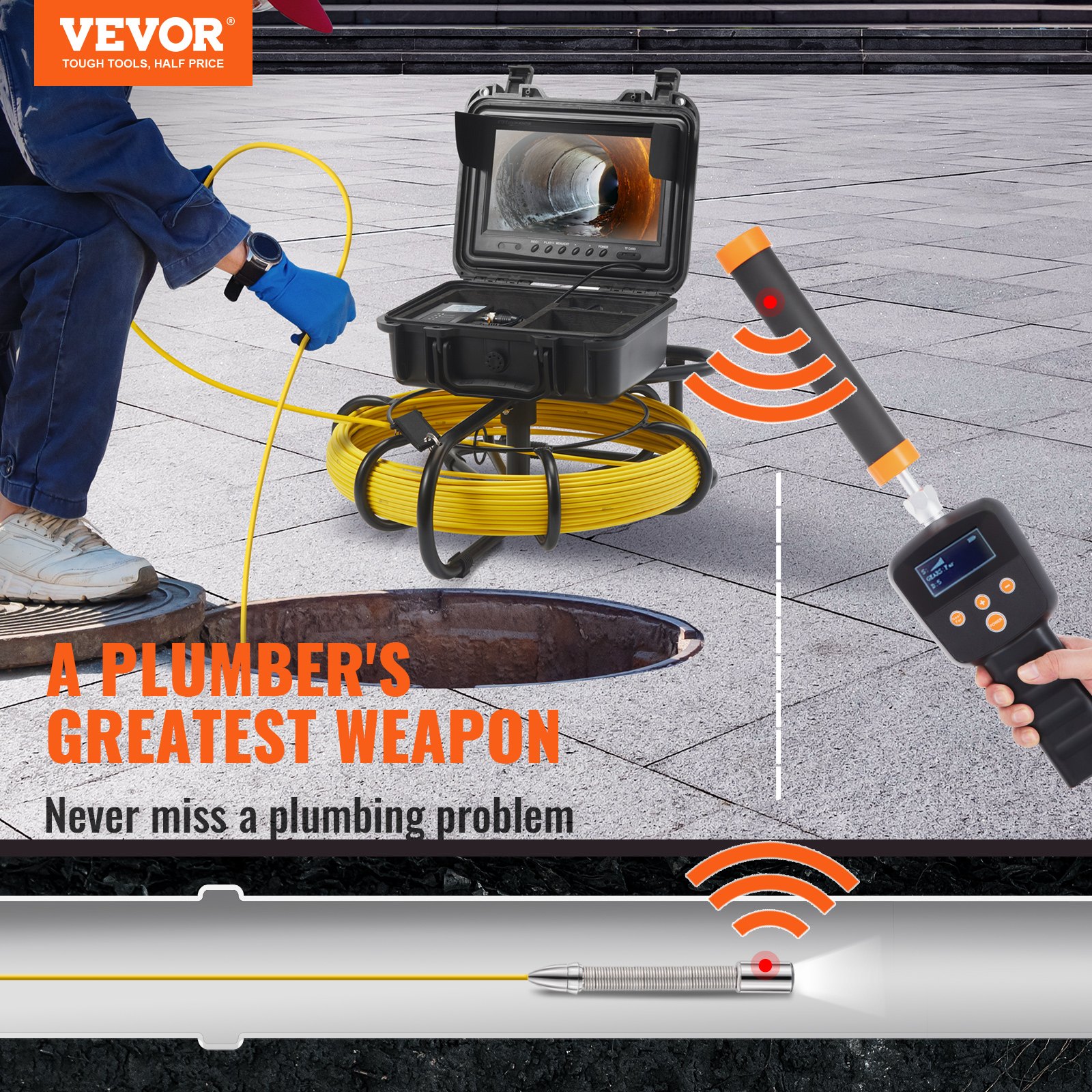 VEVOR Sewer Camera Pipe Inspection Camera w/ 512hz Sonde 9in 720p ...