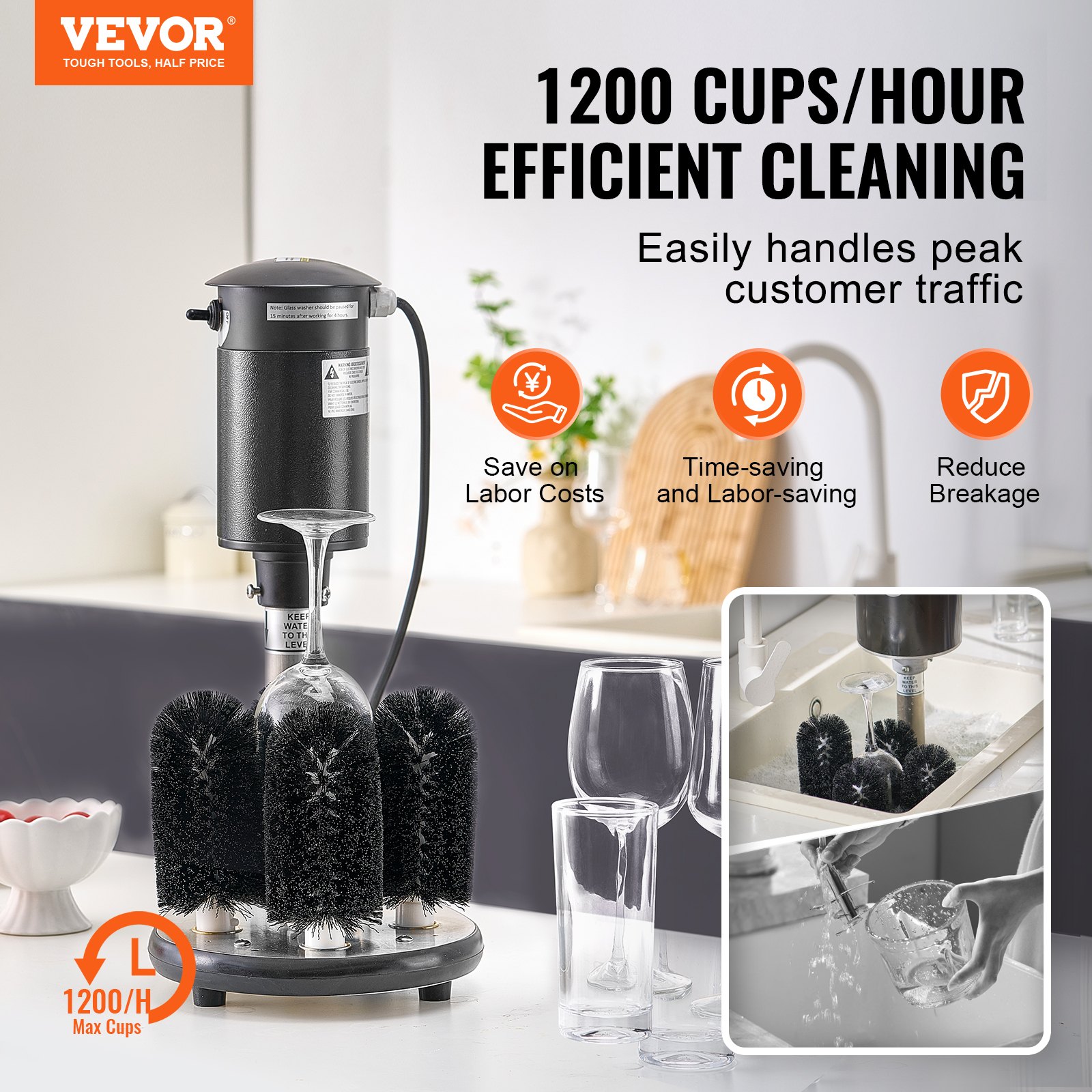 VEVOR Electric Glass Washer 5-Brush Bar Glass Cleaner 1200 Cups/H for ...