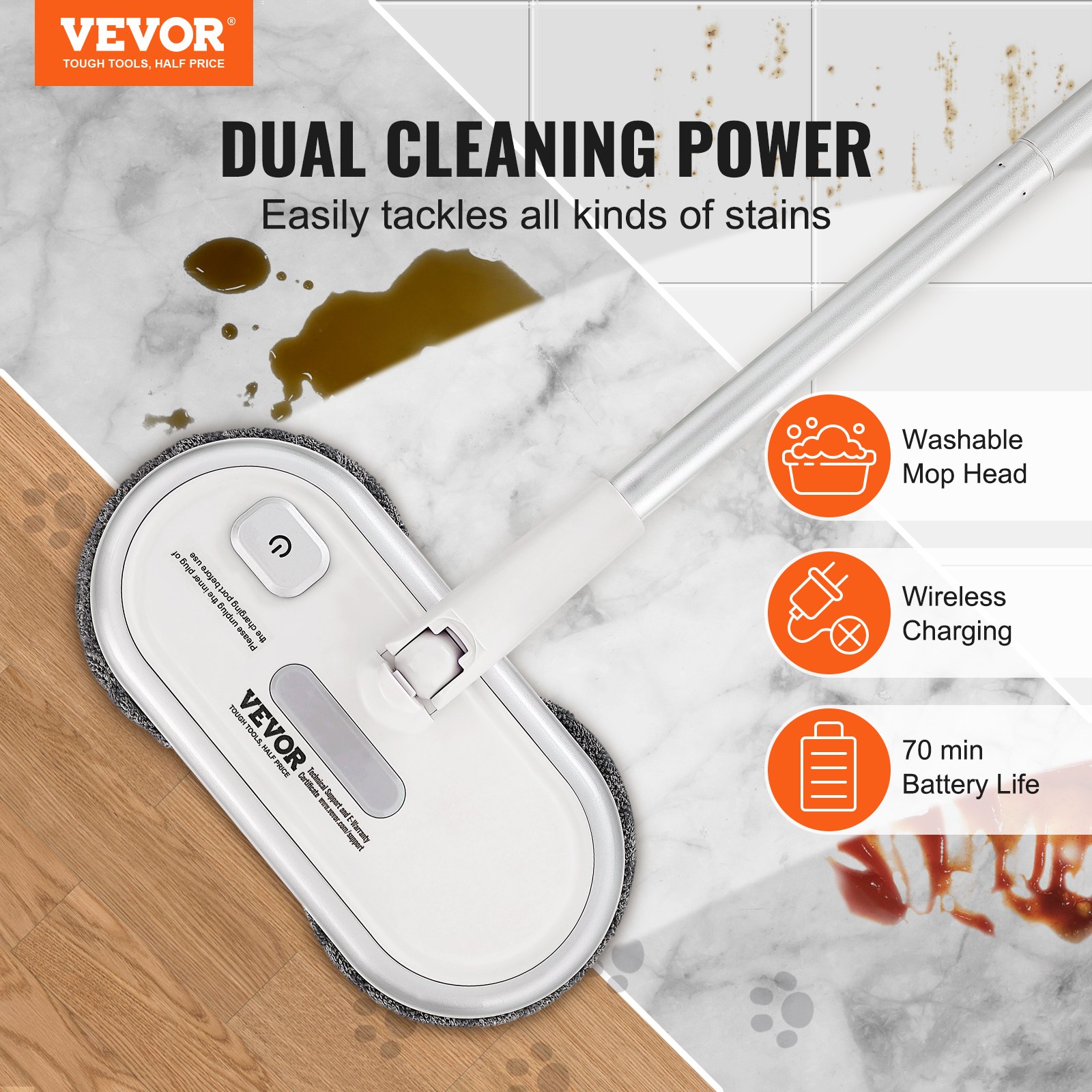VEVOR Cordless Electric Mop, Up to 70 mins Powerful Battery, Electric ...