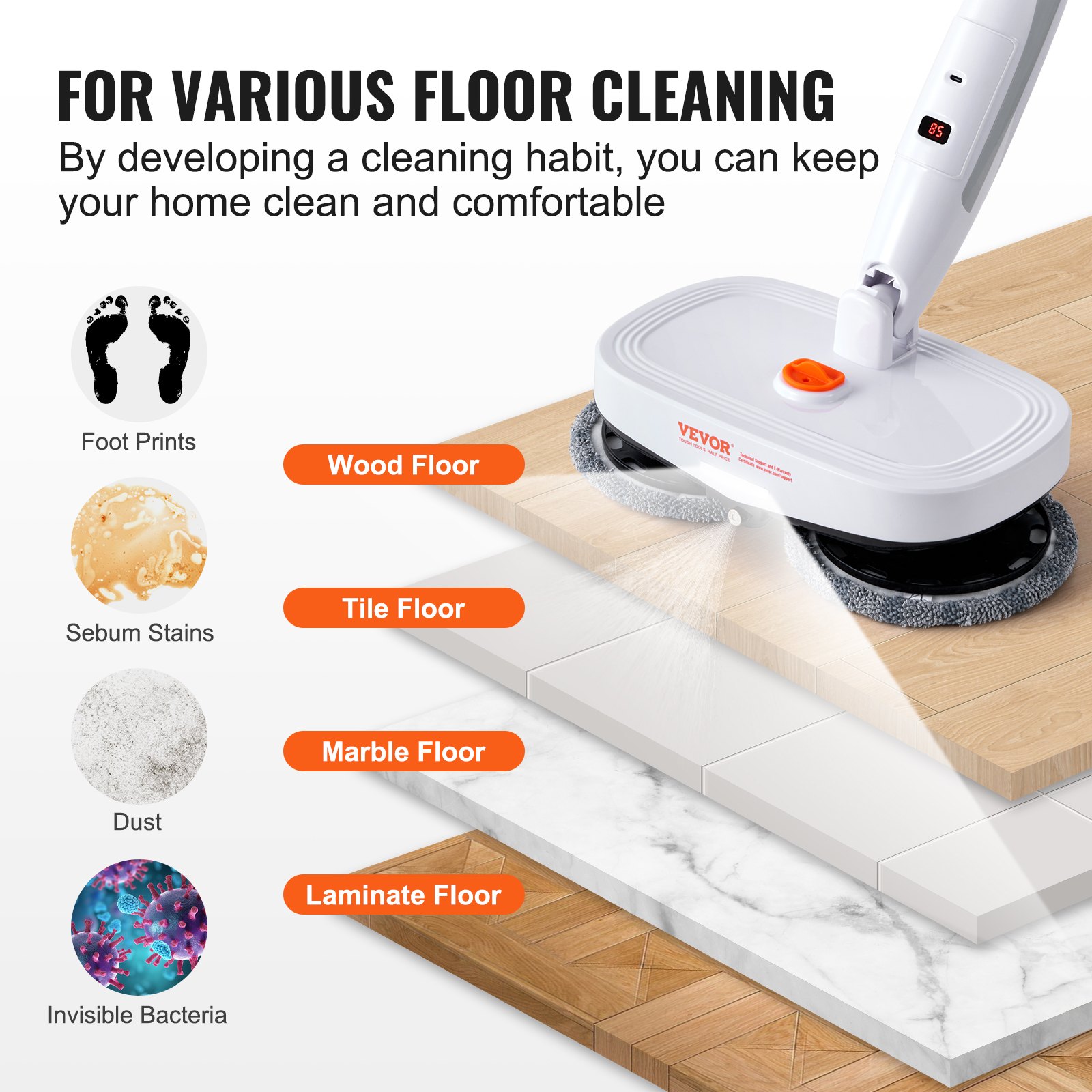 VEVOR Cordless Electric Mop, Electric Spin Mop with Water Tank, up to ...