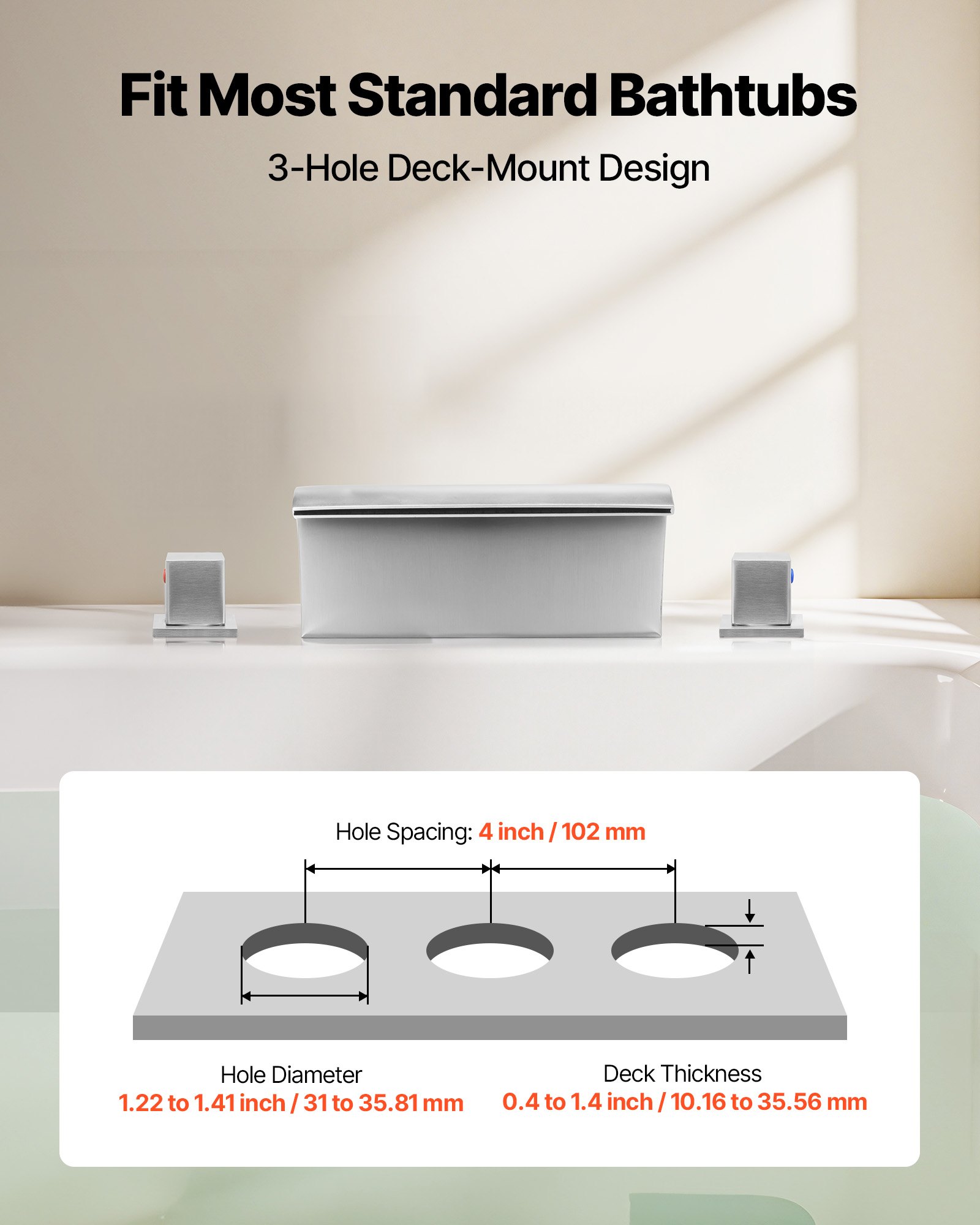 VEVOR 3 Hole Bathtub Faucet – 4.36 GPM Waterfall, 3-Hole