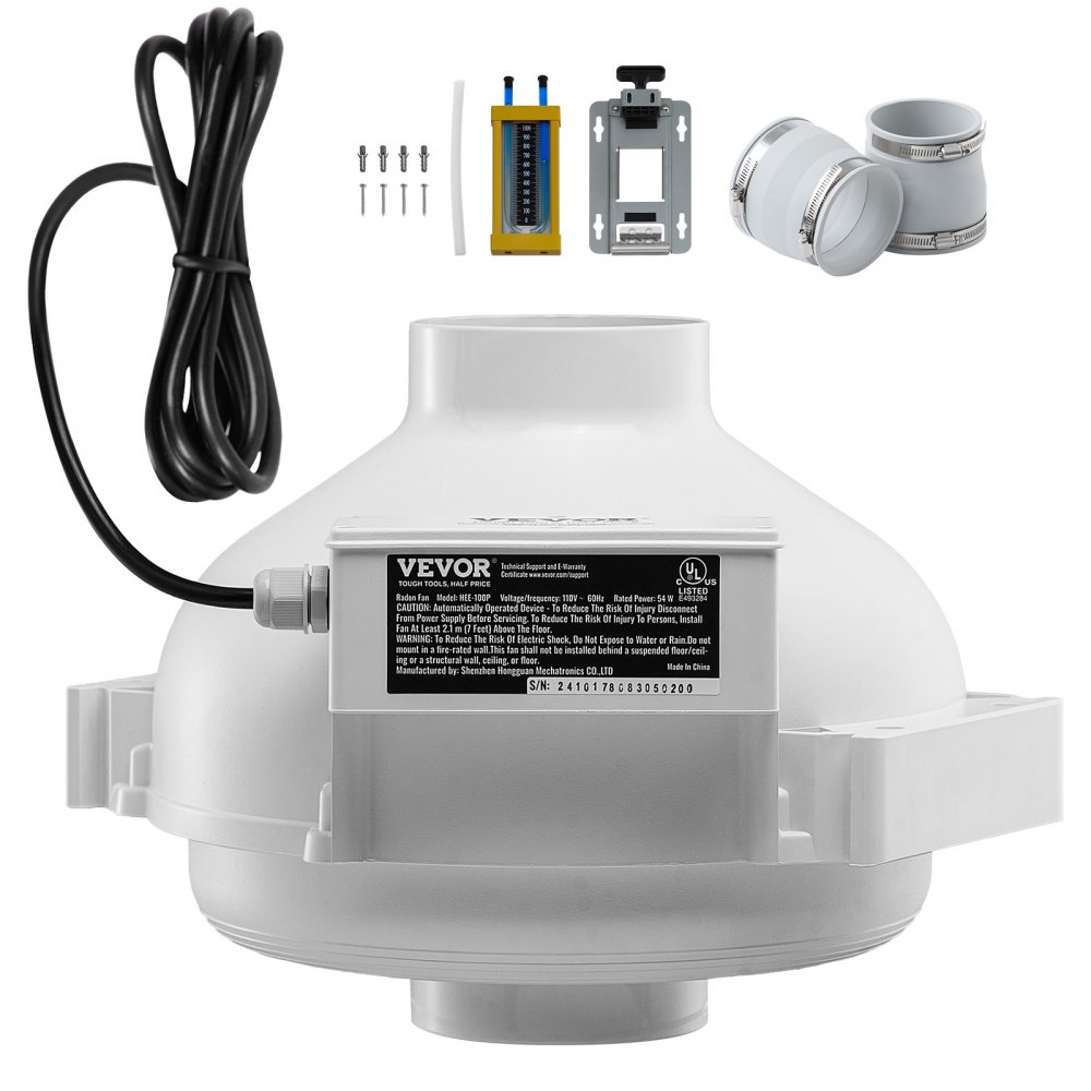 VEVOR Radon Blower Kit – 4" to 3.5" Fan, Quiet 47 dB