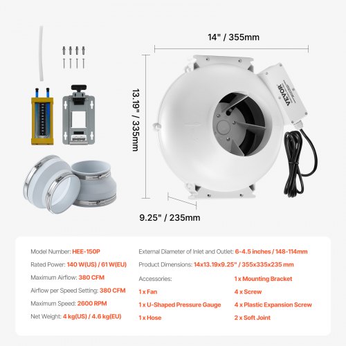 VEVOR 6 to 4.5 inch Radon Fan Installation Kit, Quiet 380CFM Radon ...