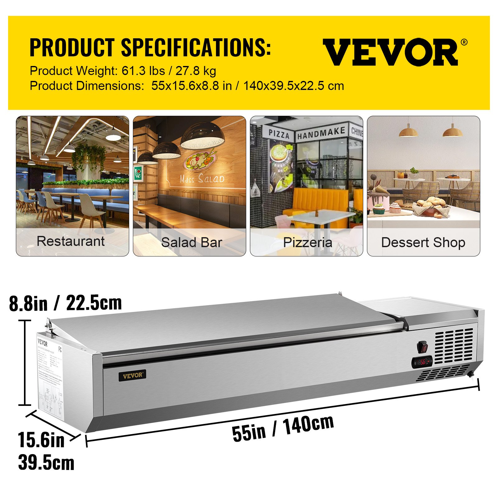 VEVOR Refrigerated Condiment Prep Station, 55-Inch, 13.8Qt Sandwich ...