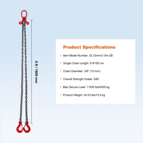 VEVOR 3/8" x 6' Chain Sling 2 Legs G80 Lifting Chain with Grab Hooks ...
