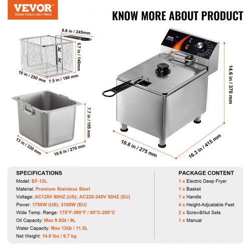 VEVOR Commercial Electric Deep Fryer Countertop Deep Fryer 1750W 12Qt ...