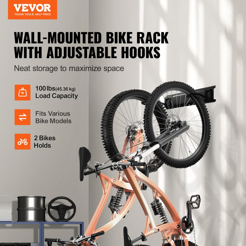 VEVOR Bike Storage Rack, 2 Bike Racks, Wall Mount Bike Storage Hanger ...