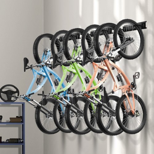 VEVOR Bike Storage Rack, 6 Bike Racks and 5 Helmets Hooks, Wall Mount ...