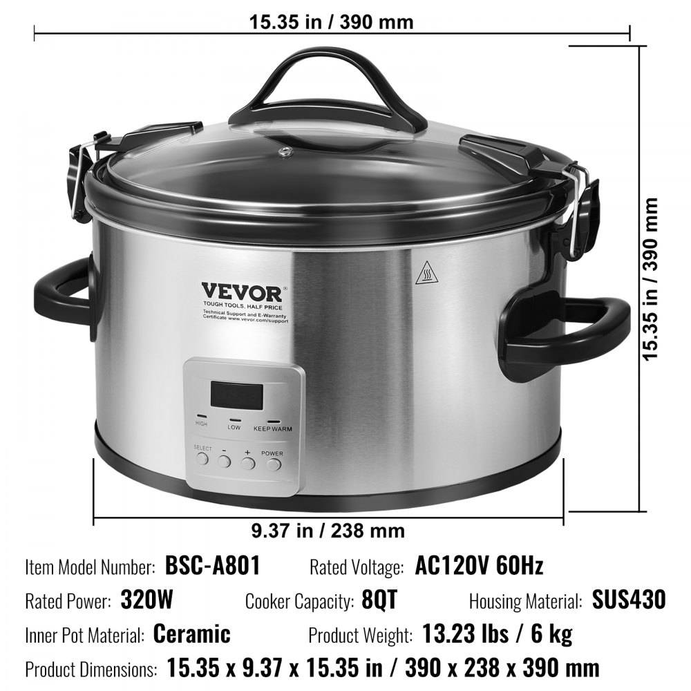 VEVOR Slow Cooker, 8QT 320W Electric Slow Cooker Pot with 3-Level Heat ...