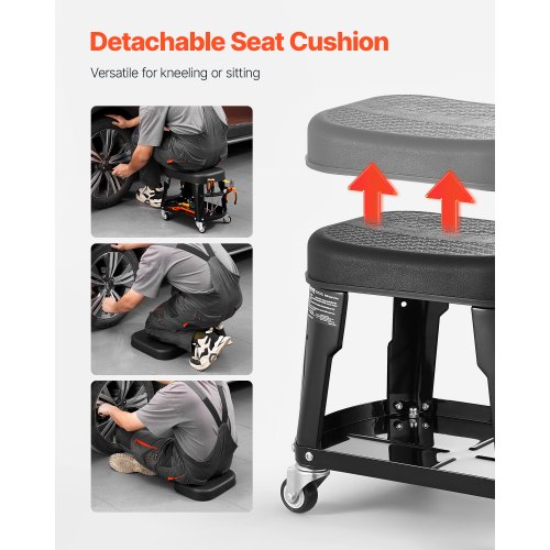 Mechanic Stool Rolling Workshop Seat 300 lbs Load with Wheels & Tool ...
