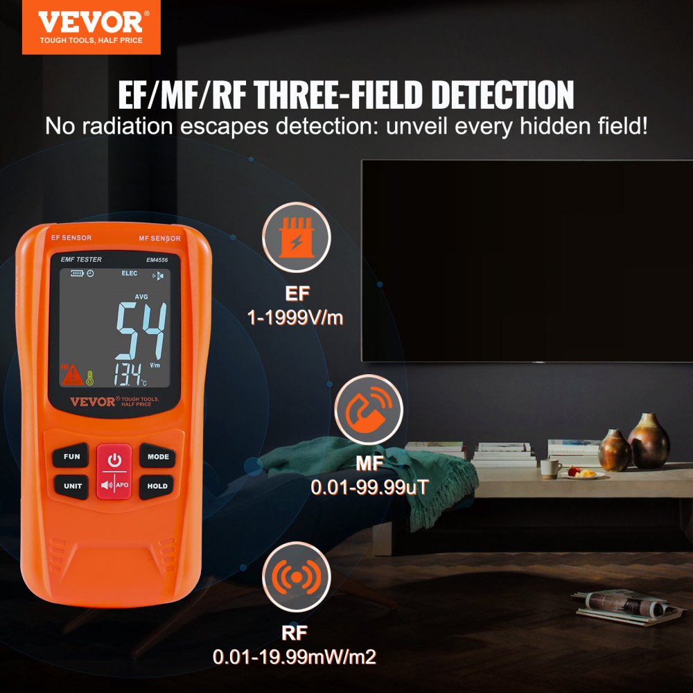 VEVOR 3-in-1 EMF Meter, 5Hz-6GHz, Handheld Rechargeable Electromagnetic ...
