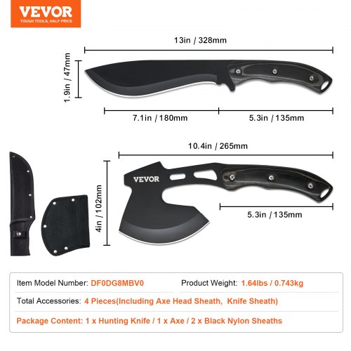 Hunting Knife and Hatchet Axe Combo Set Sheath Fixed Blade Knife ...