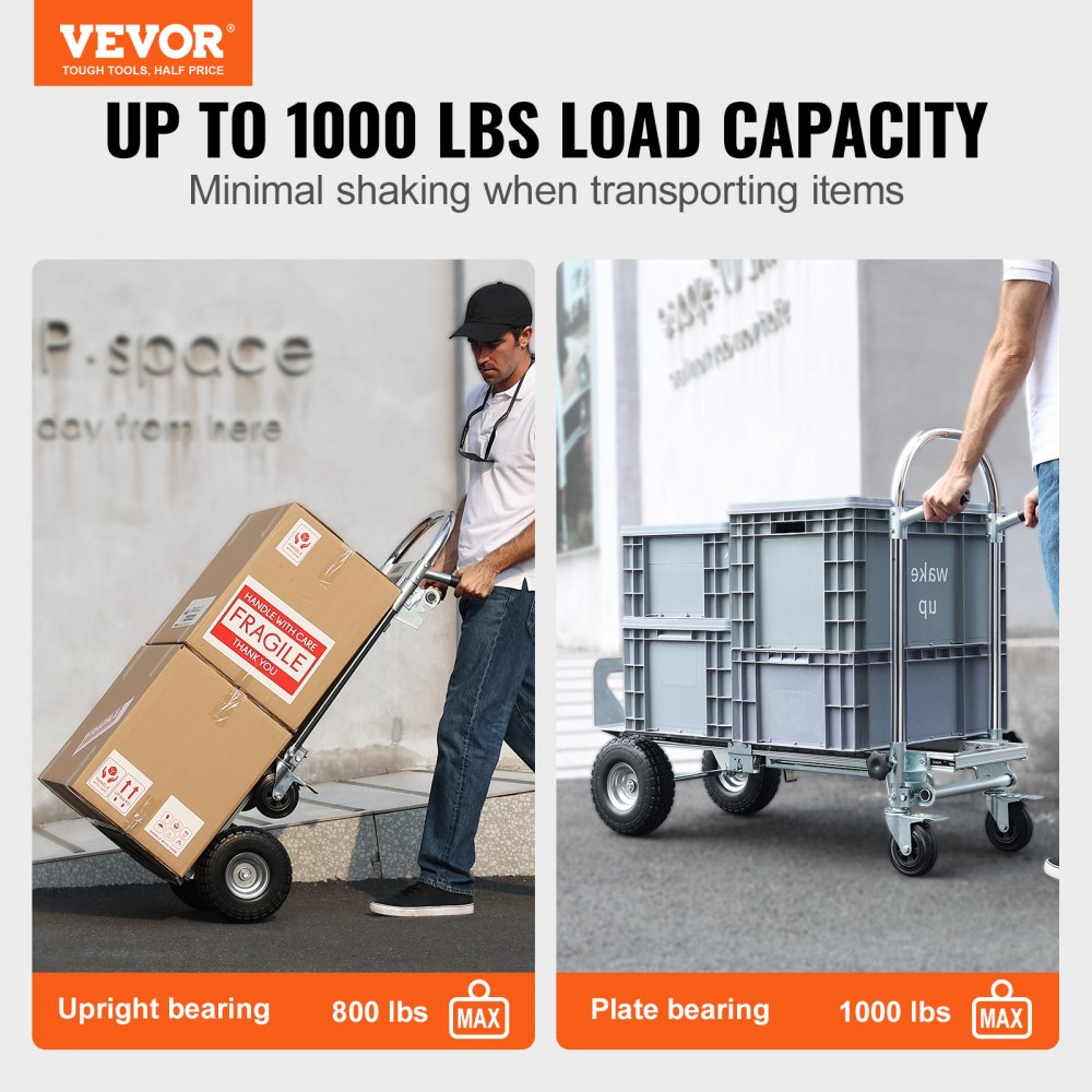 VEVOR Aluminum Hand Truck, 2 in 1, 1000 lbs Load Capacity, Heavy Duty ...