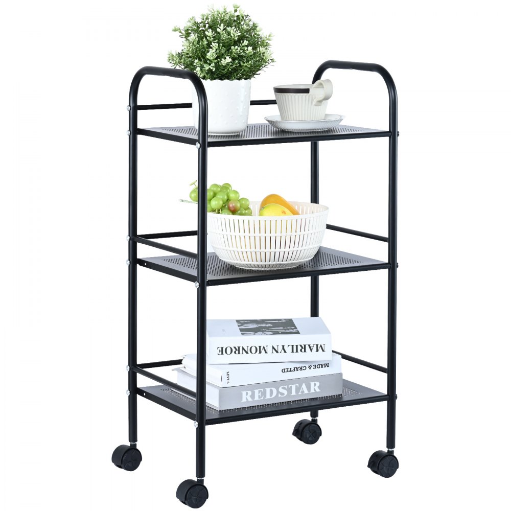 VEVOR 3-Tier Metal Rolling Cart, Heavy Duty Utility Cart with Lockable Wheels, Multi-Functional ...
