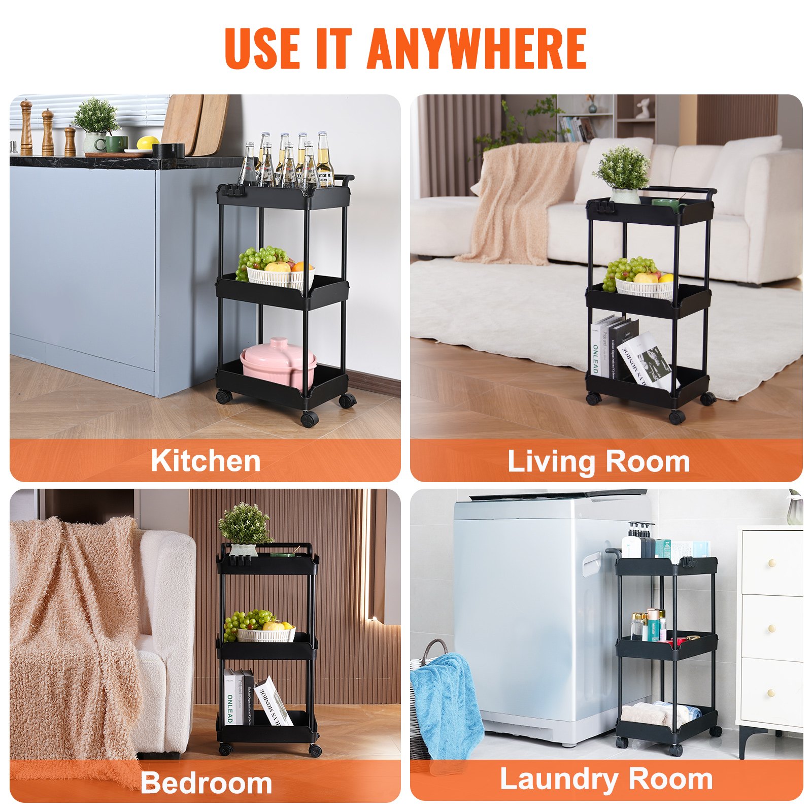 VEVOR 3-Tier Rolling Utility Cart, Kitchen Cart with Lockable Wheels ...