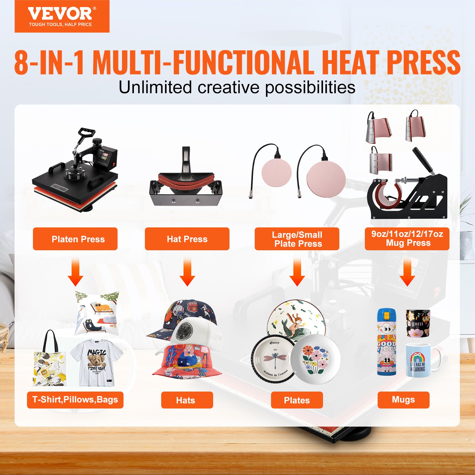 VEVOR Heat Press Machine 15x15Inch 8pcs 1050W Combo Digital ...