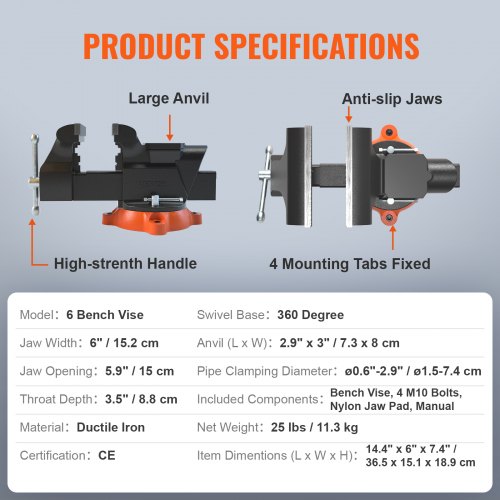 VEVOR Bench Vise, 6-inch Jaw Width 5.9-inch Jaw Opening, 360-Degree ...