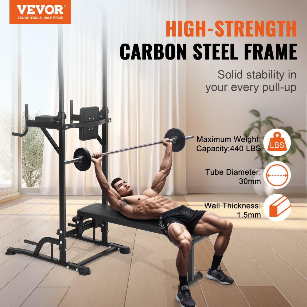 VEVOR Power Tower with Bench, 10-Level Height Adjustable Pull Up Bar ...