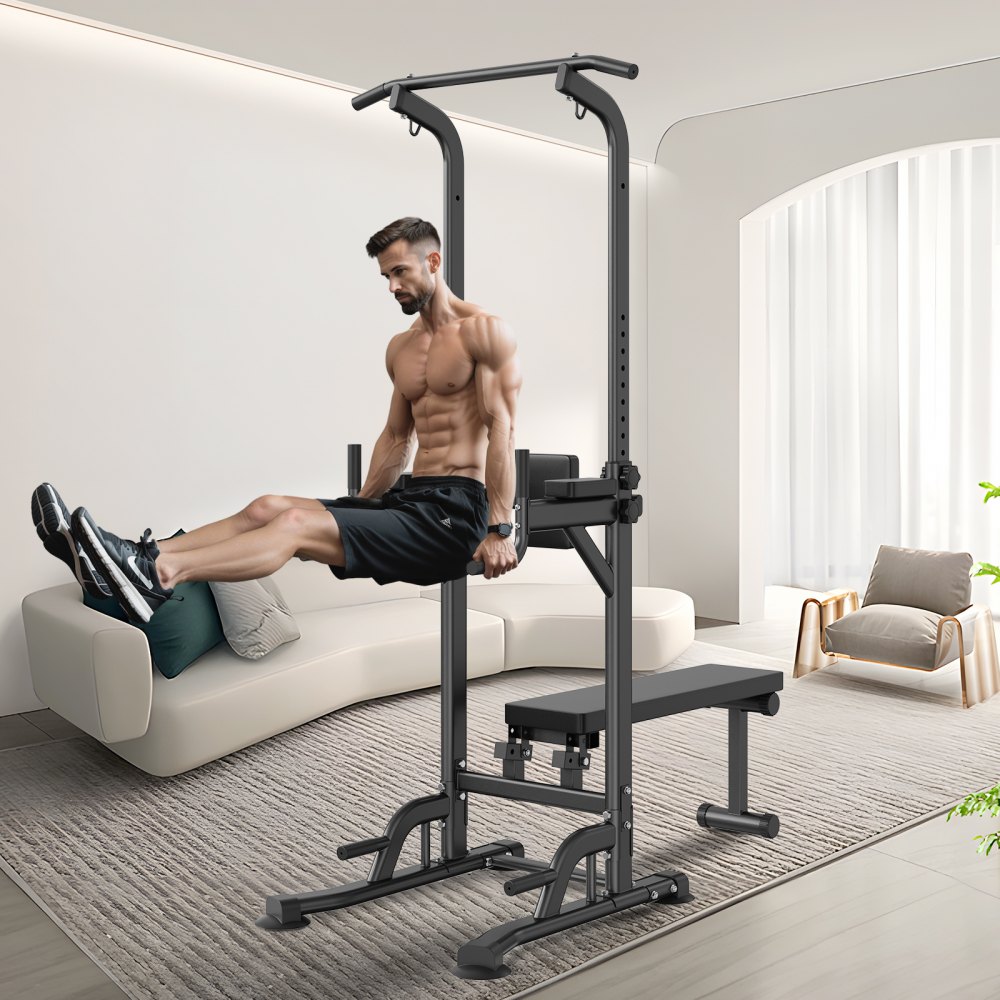 VEVOR Power Tower with Bench, 10-Level Height Adjustable Pull Up Bar ...