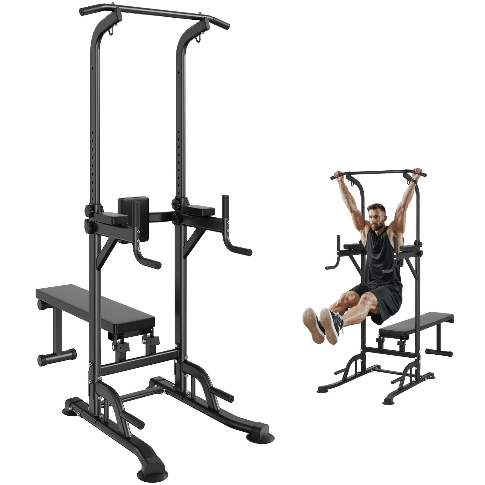 VEVOR Power Tower with Bench, 10-Level Height Adjustable Pull Up Bar ...