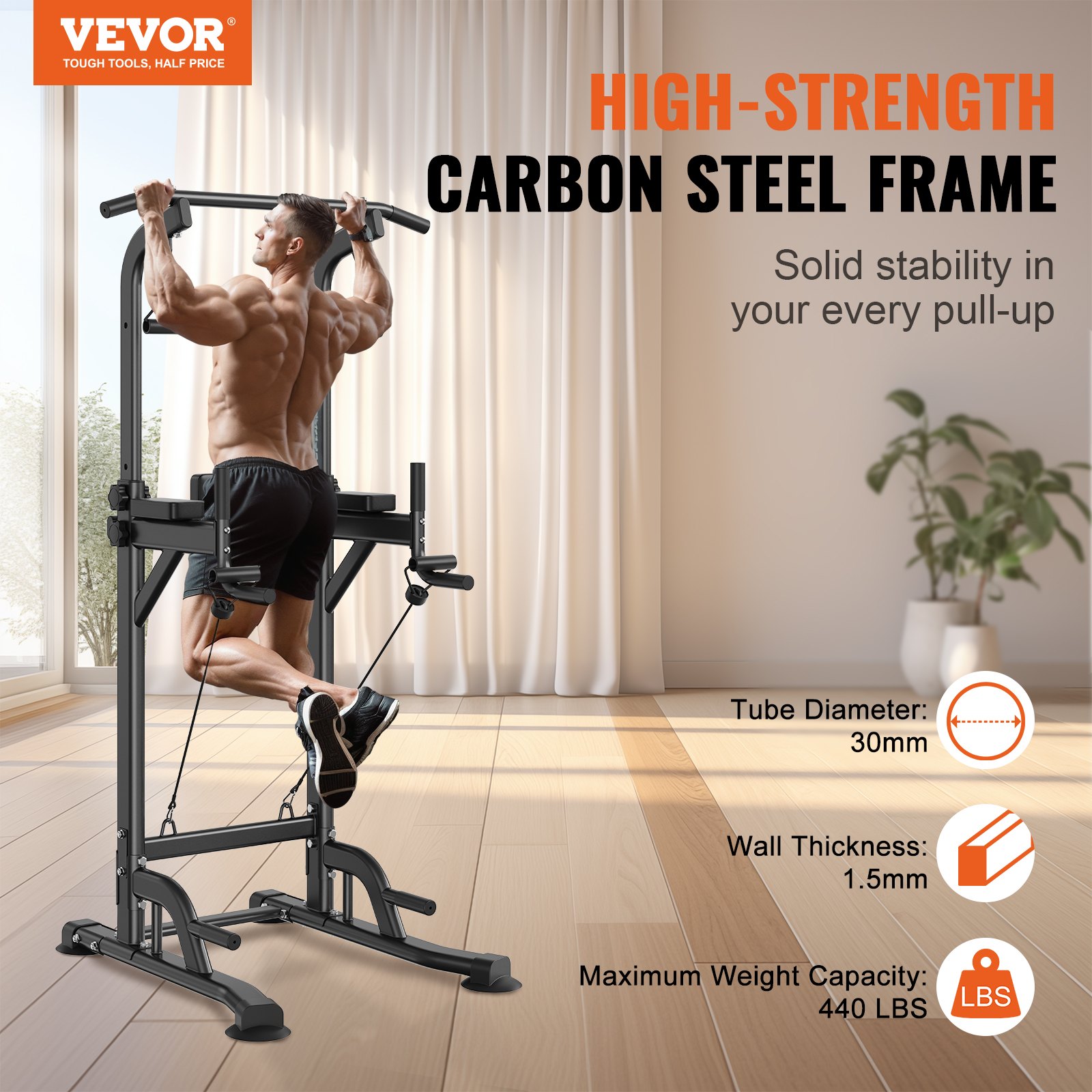 VEVOR Power Tower Dip Station, 10-Level Height Adjustable Pull Up Bar ...