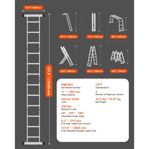 Multi-Purpose Folding Ladder 7-in-1 3 Step 12ft Reach Height for Work ...