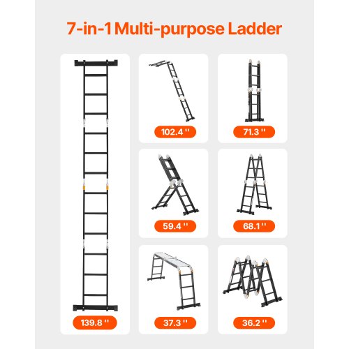 Multi-Purpose Folding Ladder 7-in-1 3 Step 12ft with Scaffolding Plank ...