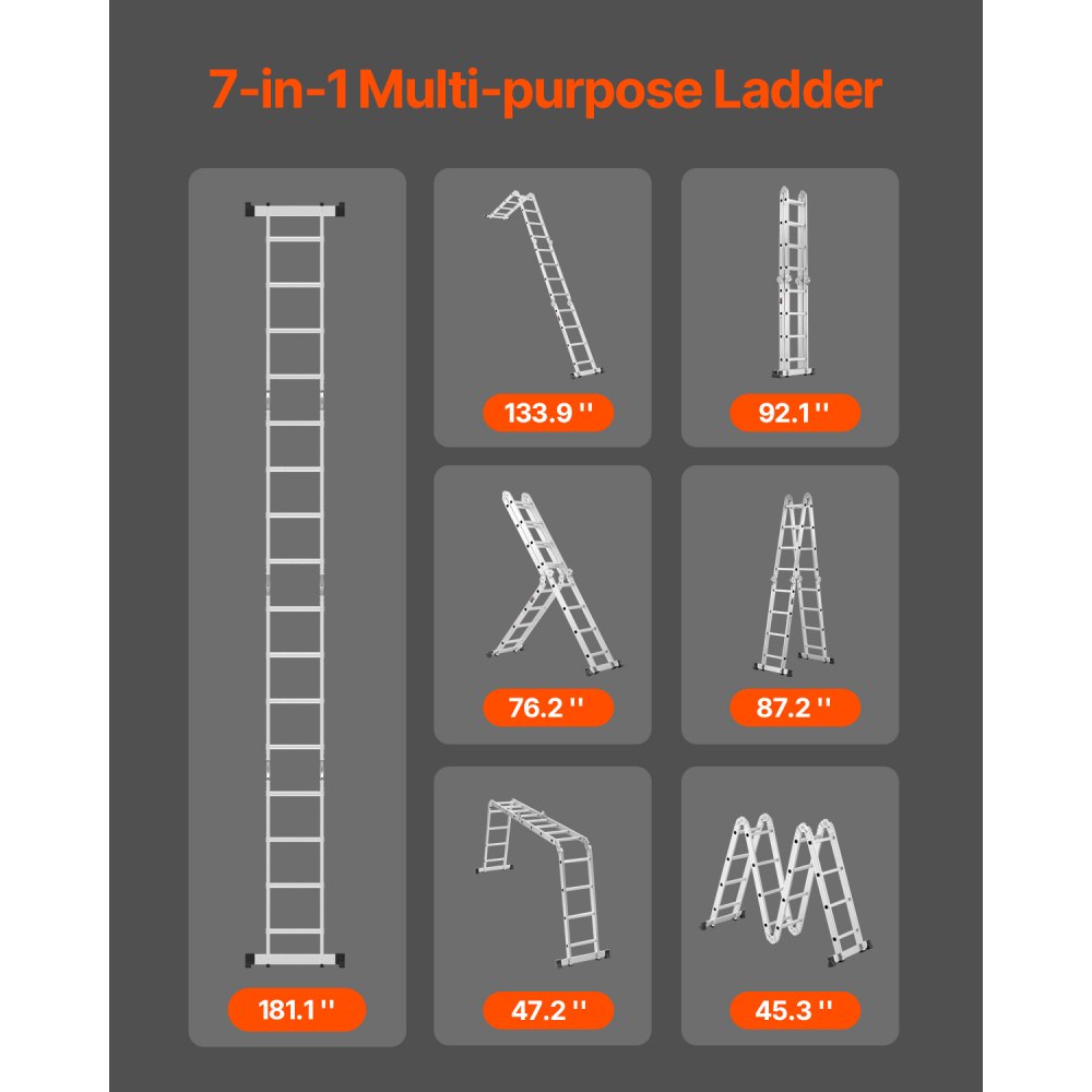 VEVOR Multi-Purpose Folding Ladder, 7-in-1 Tall Extension Step Ladder ...