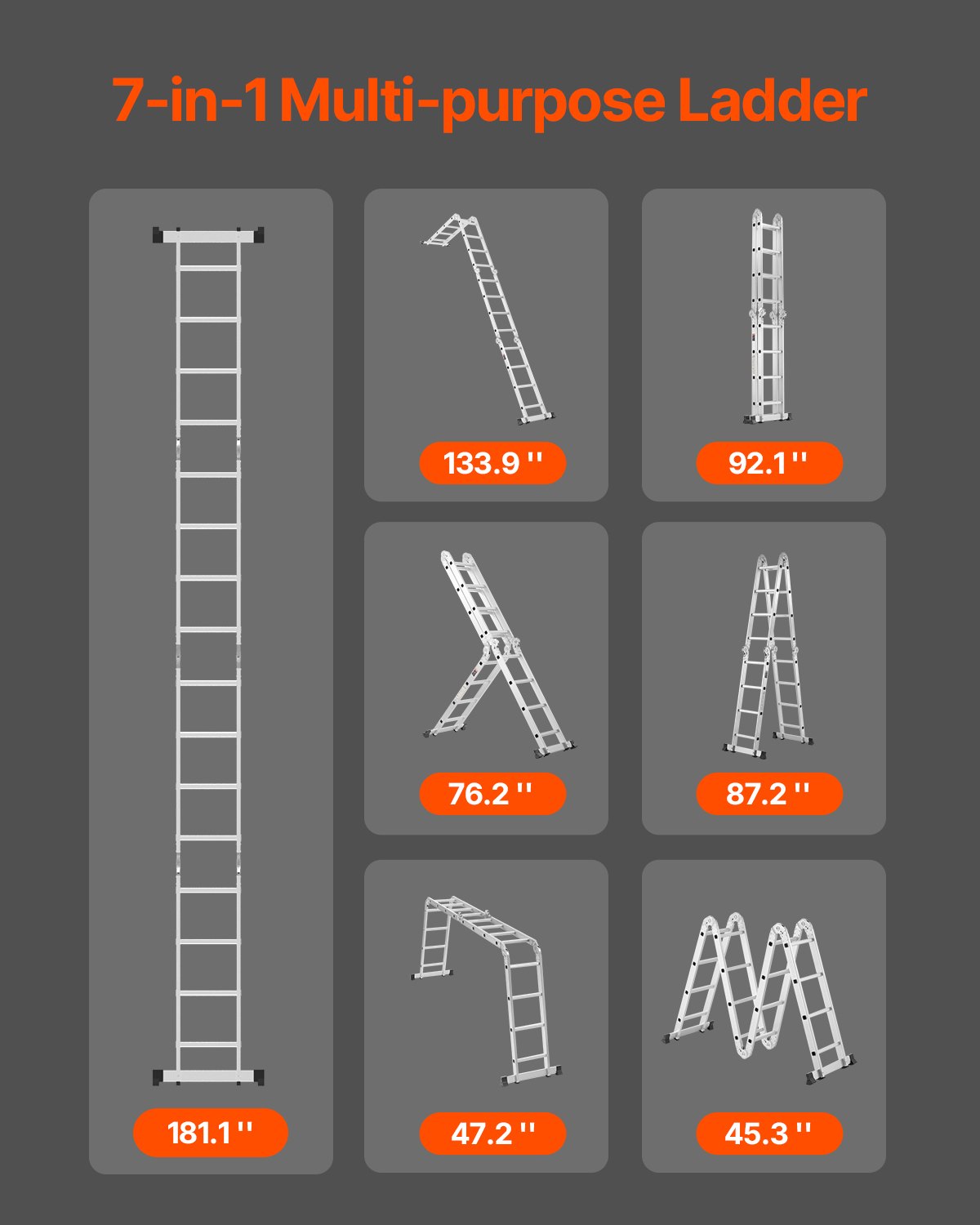 Multi-Purpose Folding Ladder 7-in-1 4 Step 15.5ft Reach Height for Work ...