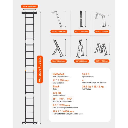 Multi-Purpose Folding Ladder 7-in-1 4 Step 15.5ft with Scaffolding ...