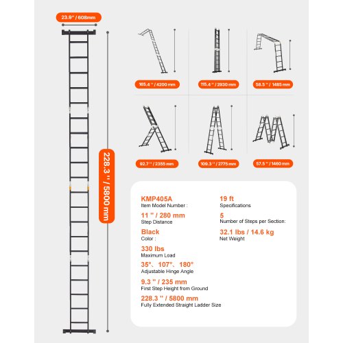 Multi-Purpose Folding Ladder 7-in-1 5 Step 19ft Reach Height for Work ...