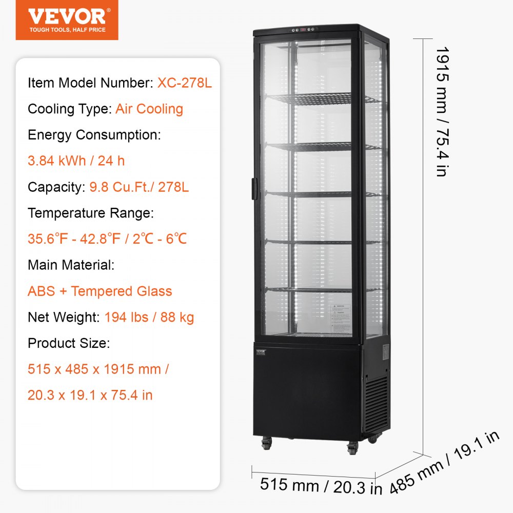 VEVOR Refrigerated Display Case Bakery Display Fridge Case 9.8 cu ft ...