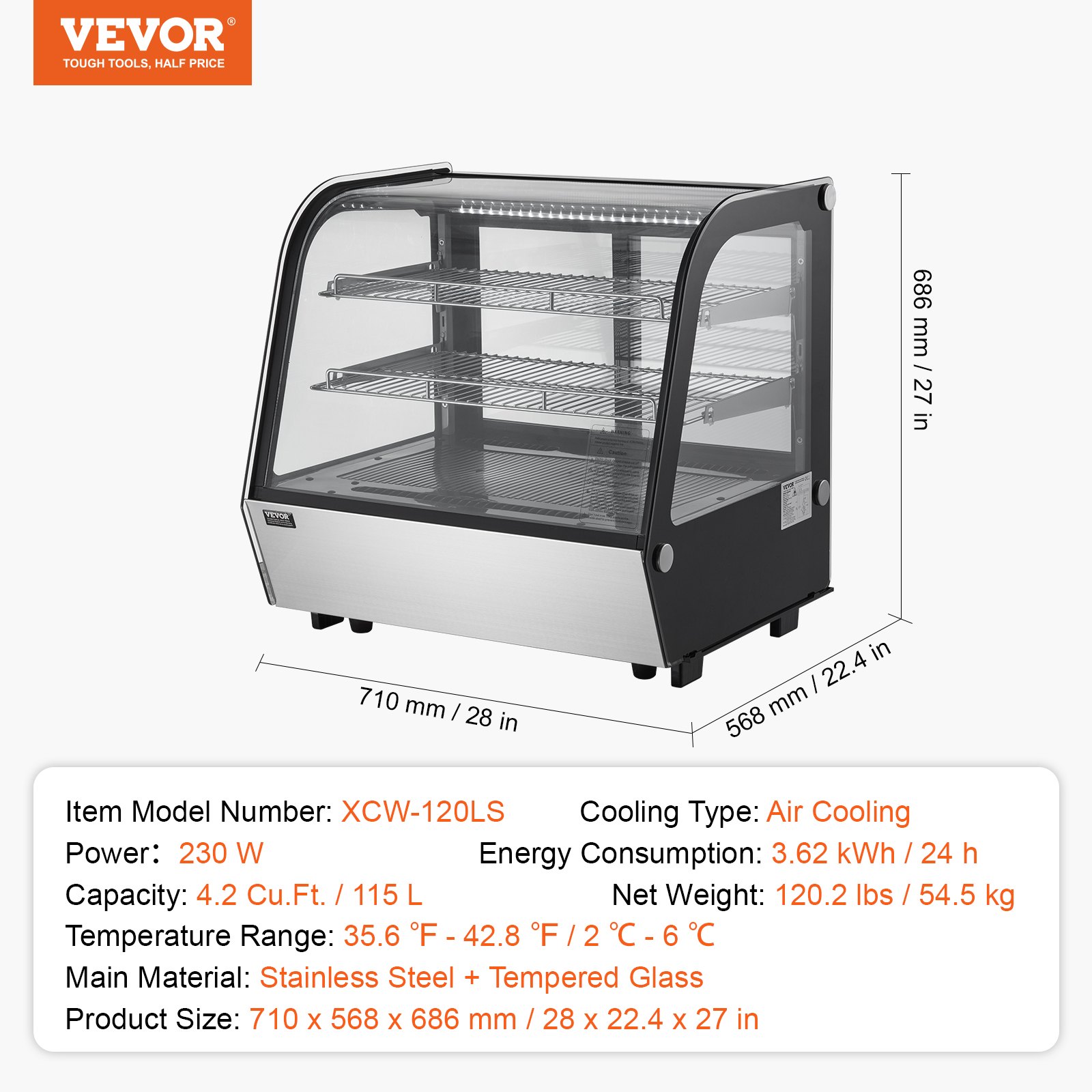 VEVOR Refrigerated Display Case Bakery Display Fridge Case 4.2 cu ft ...