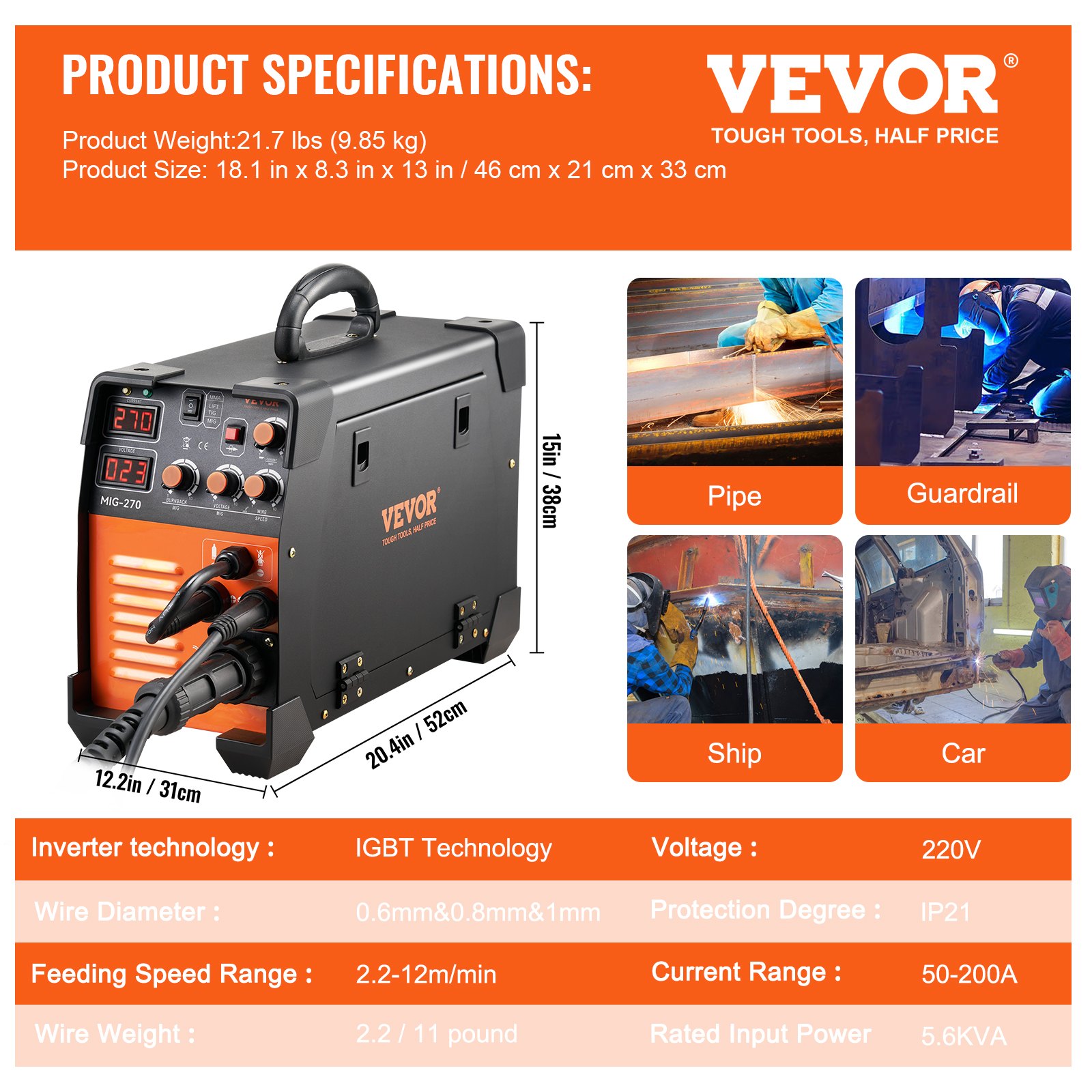 VEVOR Mig Welder Welding Machine 270A MIG MMA TIG 3 In 1 Welder Combo ...