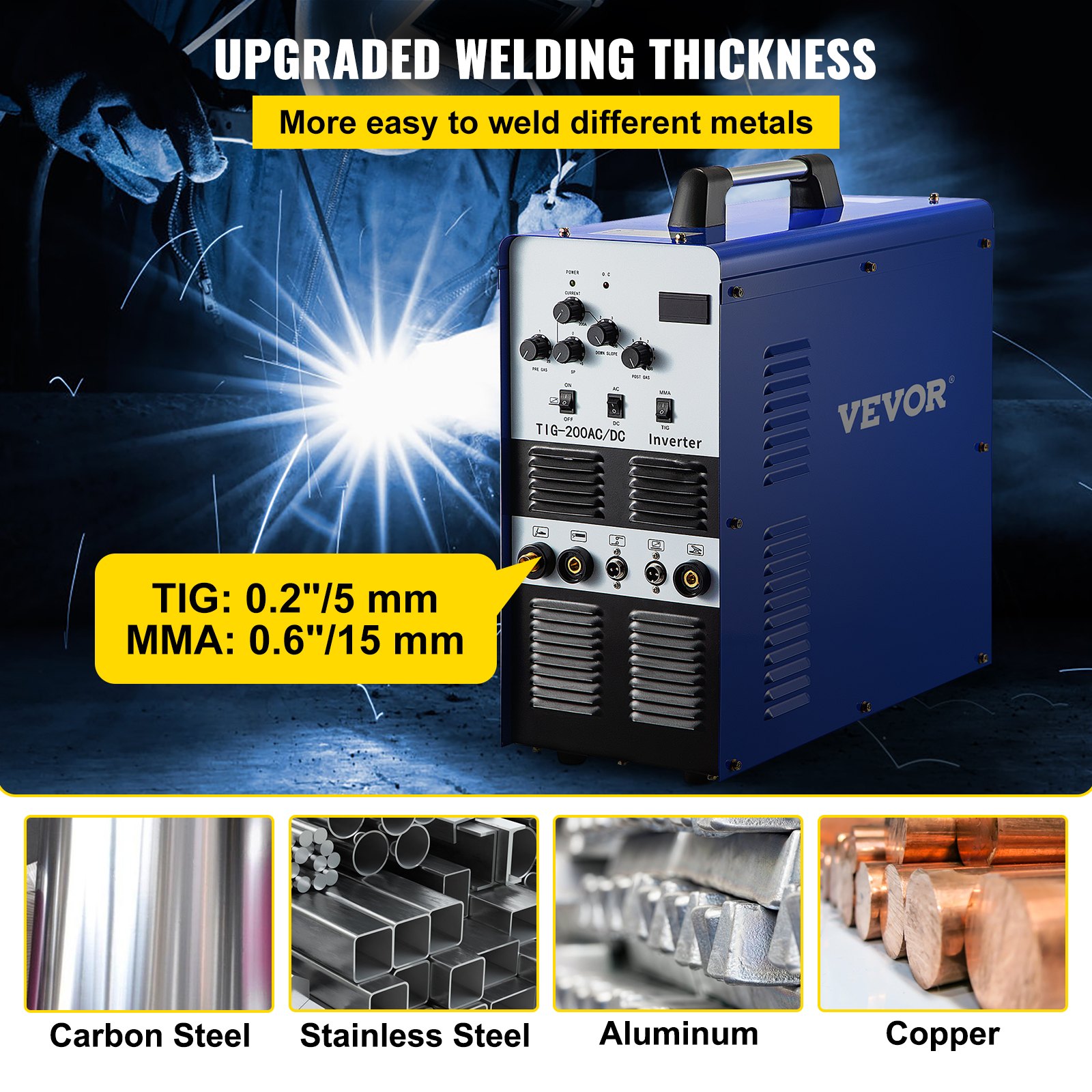 200 Amp Aluminum IGBT Pulse AC/DC TIG/Stick Inverter Welder | VEVOR US