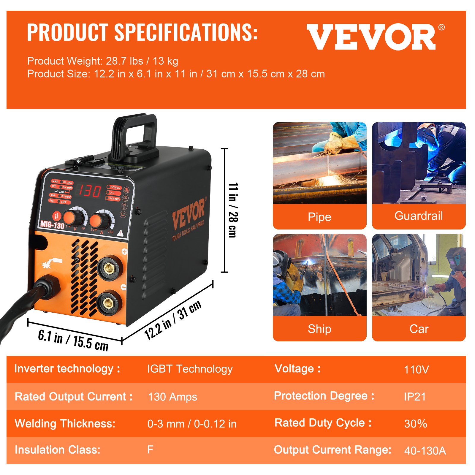 VEVOR MIG Welder, 130A Flux Core Welder, 3 in 1 Combo MMA/MIG/LIFT TIG ...