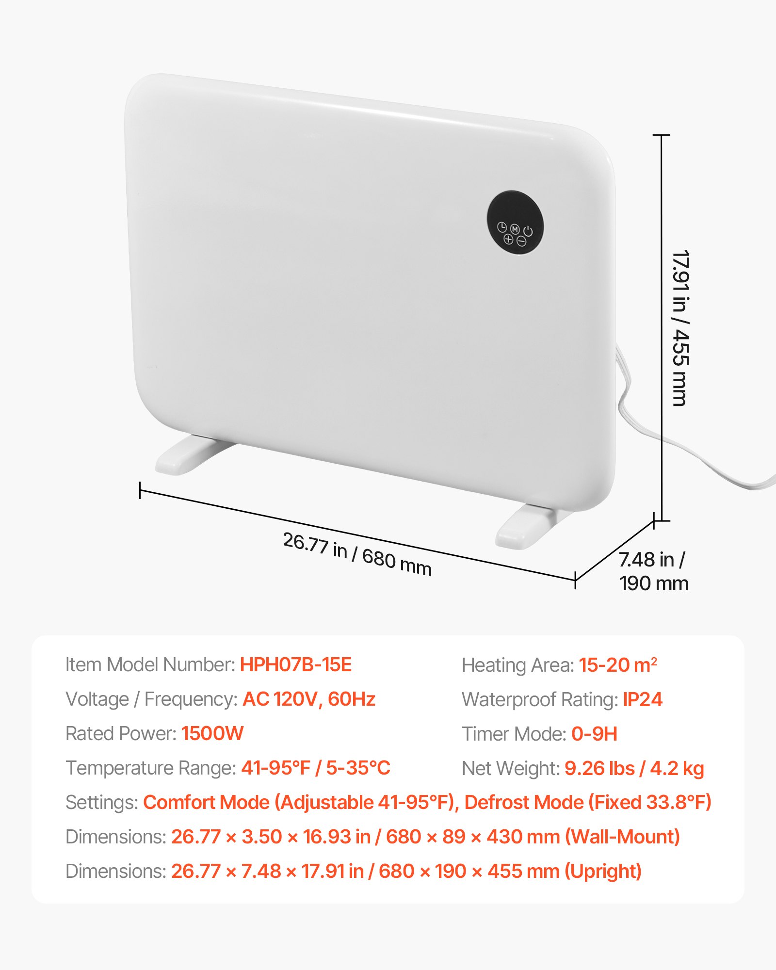 VEVOR Convection Panel Heater, 1500W Electric Panel Space Heater with ...